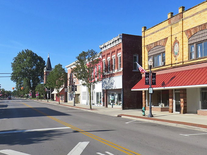 Ada's Main Street looks like it was plucked from a Hallmark movie set, with colorful historic buildings standing shoulder to shoulder under clear blue skies.