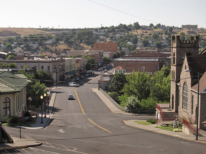 Pendleton's downtown stretches toward rolling hills, where historic architecture meets big sky country &ndash; a perfect snapshot of this authentic western town.