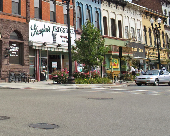 Vaughn's Drug Store anchors a downtown where local businesses still thrive, proving that sometimes the best economic model is simply knowing your customers by name.