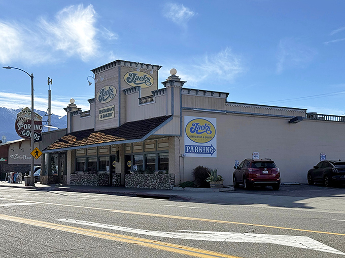 The Western-style facade of Jack's Restaurant stands proudly against the Eastern Sierra backdrop, like a beacon calling hungry travelers home.