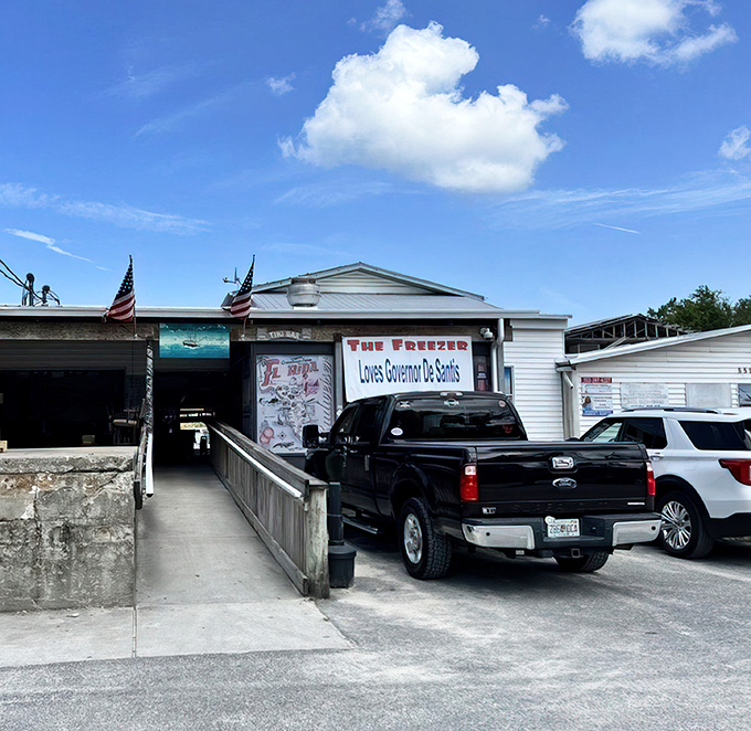 The unassuming exterior of The Freezer Tiki Bar proves once again that in Florida, the most magical seafood experiences often hide in plain sight.