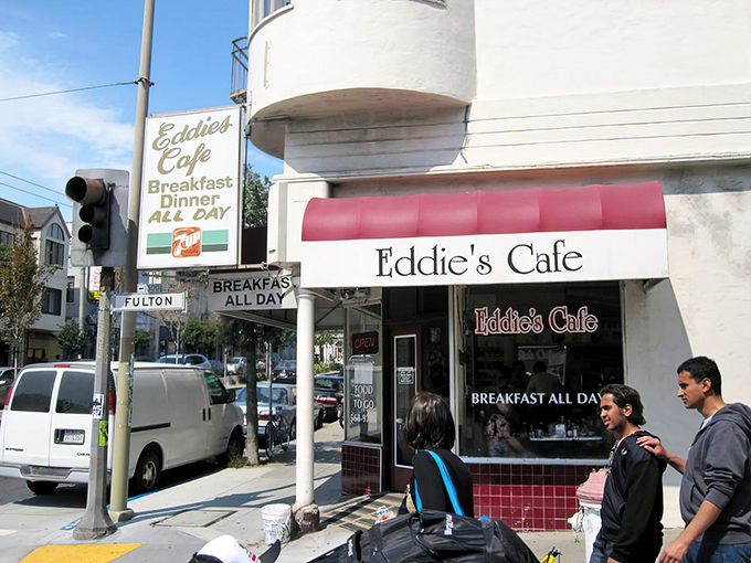 Eddie's Caf&eacute; stands proudly on Divisadero Street, its classic red-trimmed exterior promising "Breakfast ALL DAY" &ndash; the three most beautiful words in the English language.
