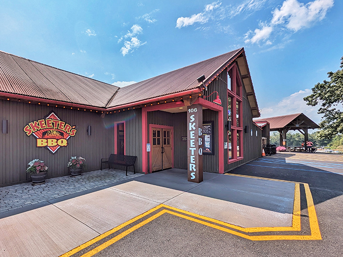 The neon glow of Skeeter's at dusk promises smoky treasures within. Like a BBQ lighthouse beckoning hungry travelers on Pennsylvania's culinary coastline.