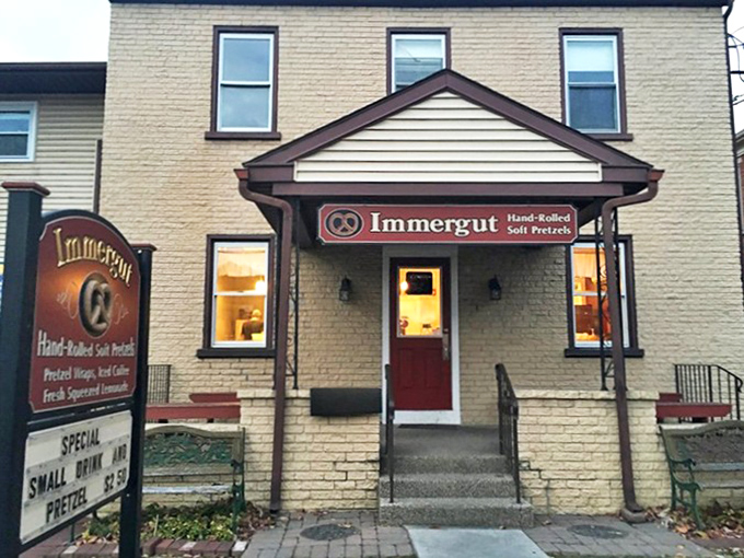 The unassuming exterior of Immergut hides a pretzel paradise within. Like finding a secret doorway to carb heaven in Amish Country.