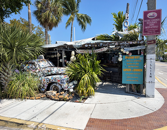 The ultimate Florida contradiction: a permanent structure that looks delightfully temporary. B.O.'s exterior is what happens when a hurricane meets artistic vision.