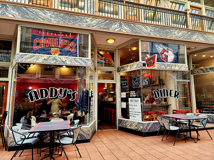 Addy's Diner glows like a beacon of breakfast hope in Cleveland's cityscape, promising comfort food salvation behind those gleaming windows.