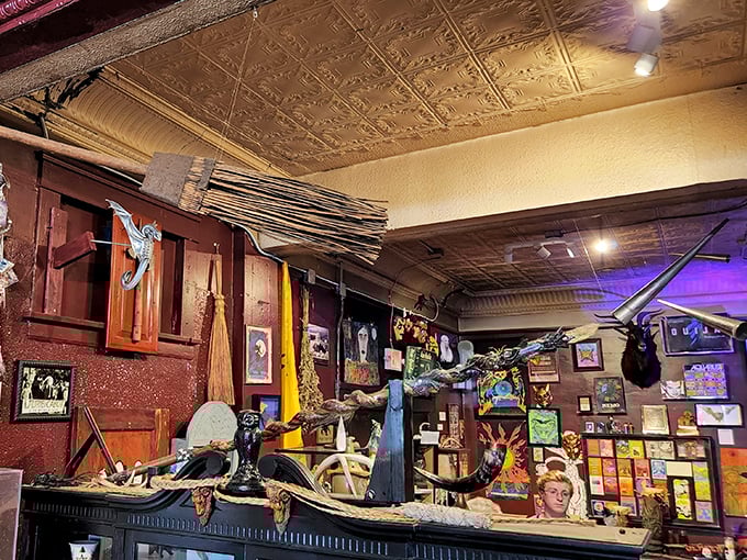 The ornate ceiling and burgundy walls create the perfect backdrop for this cabinet of magical curiosities. Like stepping into another century without leaving Cleveland.