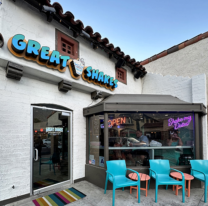 The desert oasis you've been dreaming of. Great Shakes' charming Palm Springs storefront promises sweet relief from the California heat with its iconic turquoise sign.