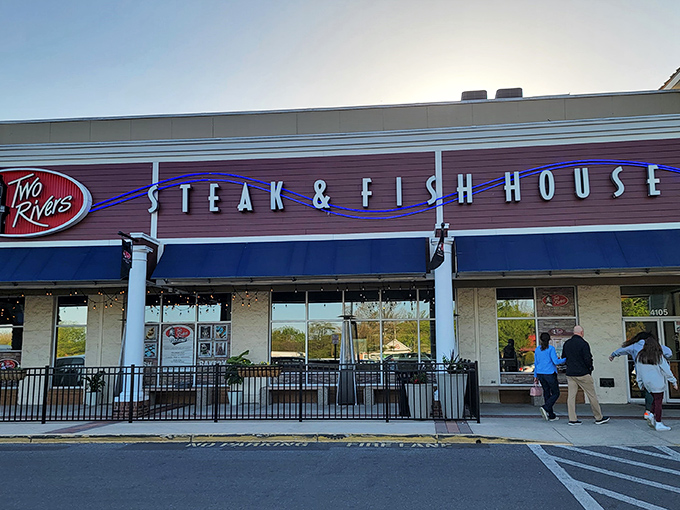 The neon sign beckons like a lighthouse for hungry sailors. Two Rivers Steak & Fish House stands proudly in its Pasadena strip mall home.