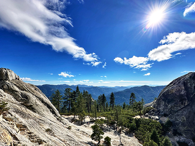 Nature's skyscrapers reach for the heavens at Castle Crags, where 170-million-year-old granite formations stand like ancient sentinels guarding Northern California's wilderness.