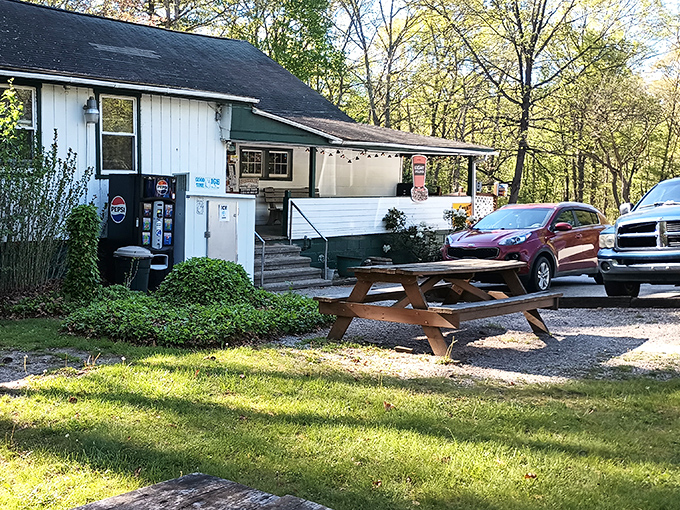 Nestled among towering pines, this unassuming white building holds culinary treasures that would make fancy city delis weep with envy.