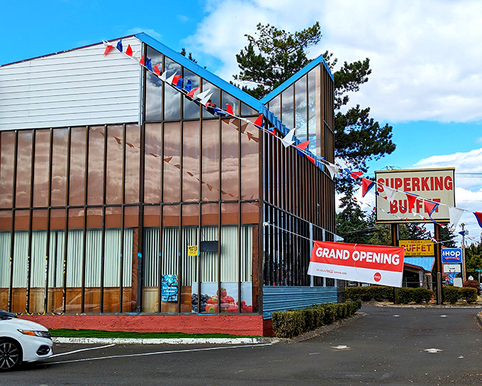 Blue trim and festive flags give Super King Buffet that perpetual "Grand Opening" vibe, as if every day is a celebration of all-you-can-eat possibilities.