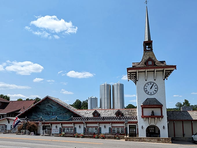 The Swiss-inspired architecture of Guggisberg Cheese stands proudly against Ohio's blue sky, complete with a clock tower that seems to say, "It's always cheese o'clock here!"