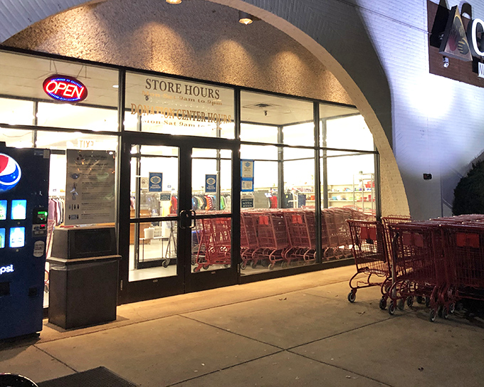 The warmly lit entrance to a Pennsylvania thrift store invites late-night treasure hunters, carts at the ready and deals waiting just inside.