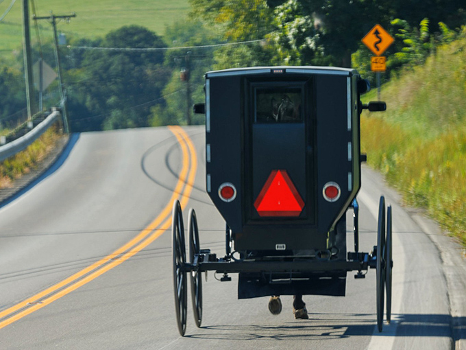 The iconic Amish buggy, complete with safety triangle, offers a daily reminder that in Berlin, the fast lane moves at exactly four miles per hour.