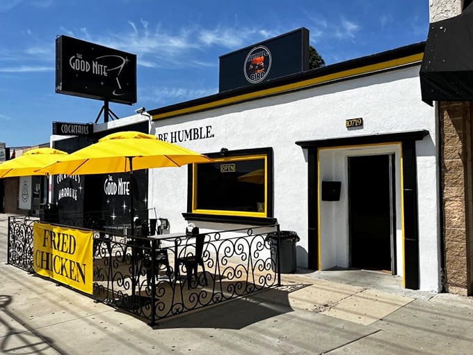 Sunshine, yellow umbrellas, and a simple banner announcing "FRIED CHICKEN" &ndash; sometimes the best treasures require the fewest words.