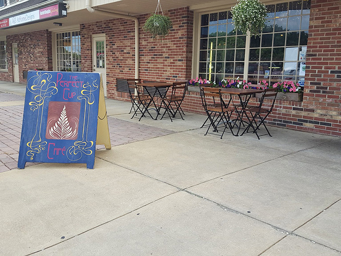 The charming exterior of The Perfect Cup beckons with bistro tables perfect for people-watching while savoring your morning brew. Delaware mornings never looked so inviting.