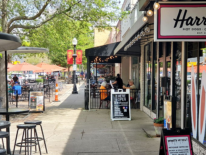 Plant Street's charm extends to Harrell's outdoor seating area, where sunshine, string lights, and the promise of Chicago-style perfection await hungry visitors.