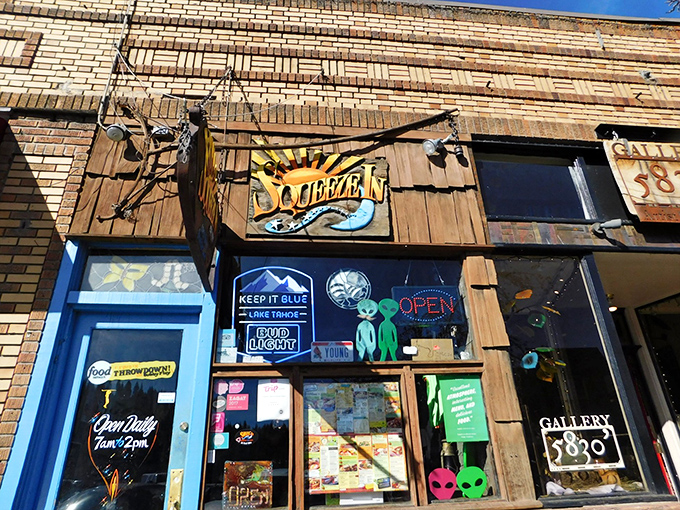 The quirky storefront announces itself with unmistakable personality—green aliens welcome earthlings to this breakfast mothership in downtown Truckee.