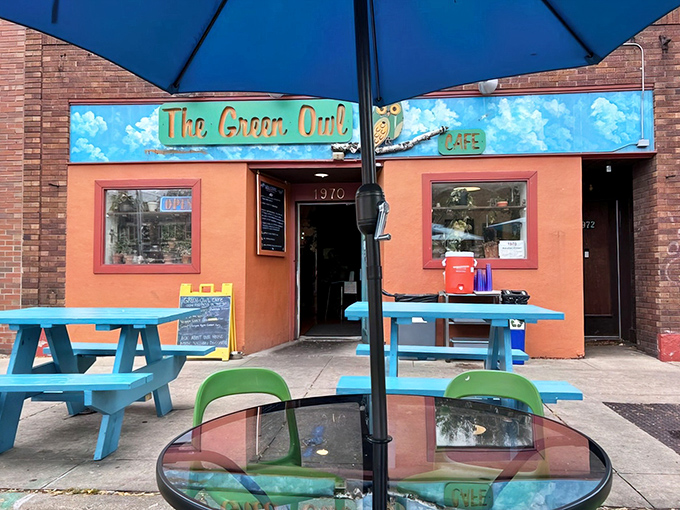 The vibrant orange facade and turquoise picnic tables aren't just eye-catching&mdash;they're nature's way of saying "good food happens here." Wisconsin's plant-based paradise awaits.