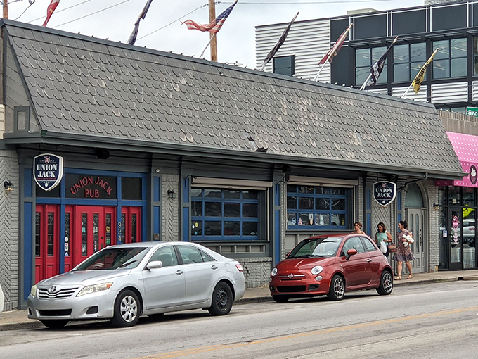 That red door isn't just an entrance - it's your portal to proper British comfort food in Broad Ripple.