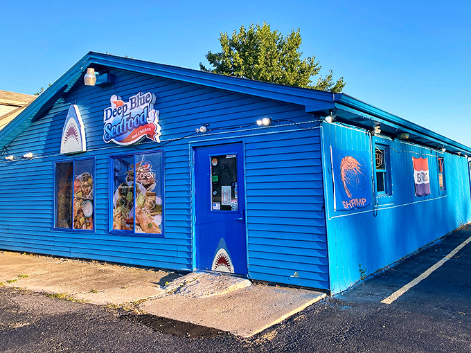 The bright blue exterior of Deep Blue Seafood stands out like a maritime beacon in Portage, Indiana—proof that great seafood doesn't require an ocean view.