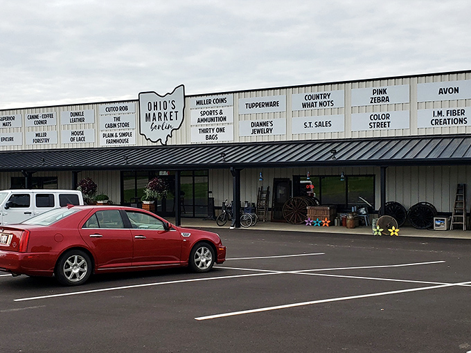 The iconic Ohio-shaped sign welcomes treasure hunters to this Millersburg gem, where Amish craftsmanship meets modern bargain-hunting in perfect harmony.
