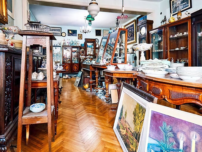 The unassuming exterior of Robertson's Antiques with its distinctive blue awnings belies the wonderland of treasures waiting inside this Carmel-By-The-Sea institution.