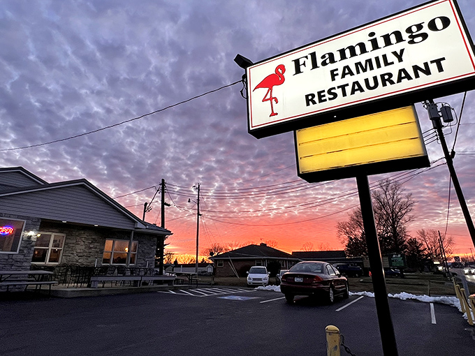 The Flamingo's iconic sign against a Pennsylvania sunset &ndash; where breakfast dreams and dinner wishes come true in equal measure.