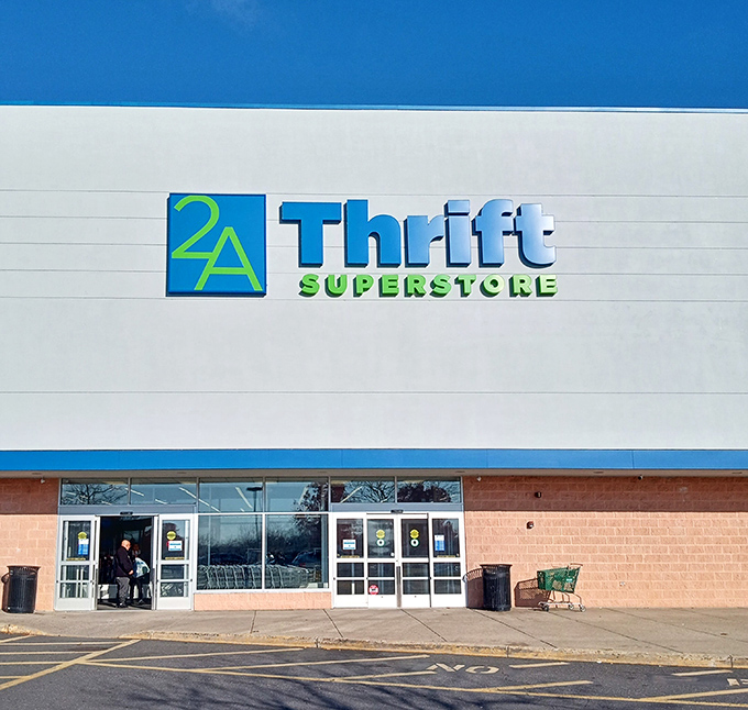 The blue and green signage of 2nd Ave Thrift Superstore beckons like a beacon of bargain possibilities against the clear Pennsylvania sky.