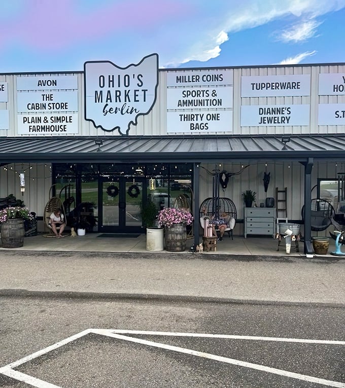 The iconic Ohio-shaped sign welcomes treasure hunters to this Millersburg gem, where Amish craftsmanship meets modern bargain-hunting in perfect harmony.