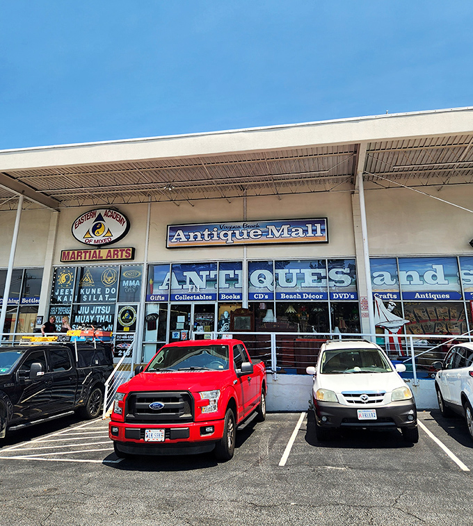 Blue skies and vintage vibes await as you approach this time-traveling emporium. The red truck seems appropriately retro.