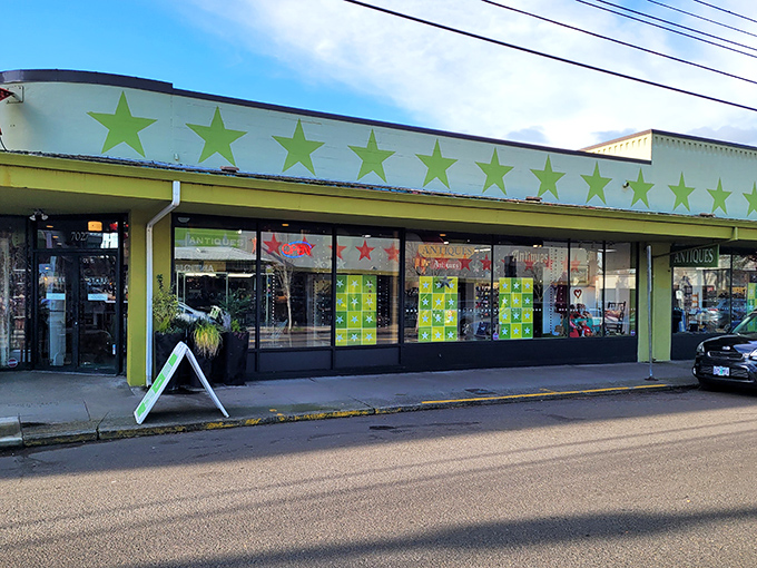 The lime green facade with its parade of stars isn't just eye-catching&mdash;it's practically screaming "treasures inside!" like a carnival barker with impeccable taste.