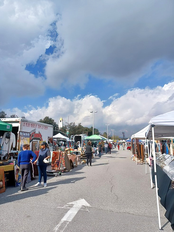 Clouds play peekaboo with the sun as shoppers stroll between vendor stalls, each aisle promising discoveries that could become tomorrow's heirlooms.