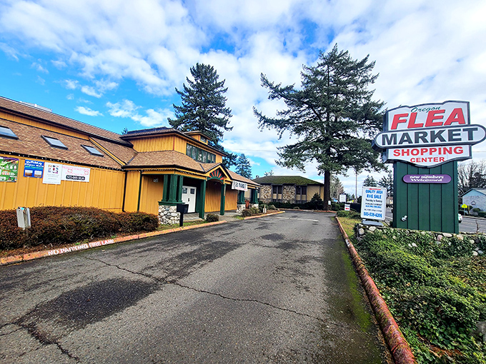 The yellow facade of Oregon Flea Market stands like a beacon for treasure hunters, promising adventures that big-box retailers simply can't deliver.