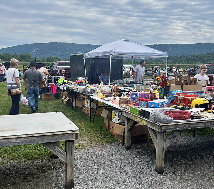 Against the backdrop of Allegheny Mountains, treasure hunters browse tables laden with colorful finds—today's trash, tomorrow's treasures at Leighty's.