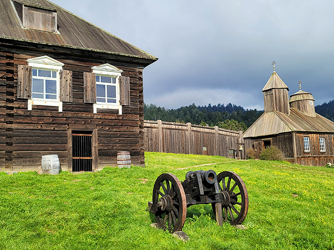 The Russian past meets California present at Fort Ross, where this historic chapel and cannon stand as sentinels to a fascinating cultural crossroads.