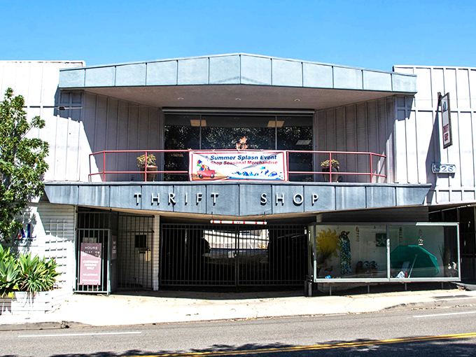 The mid-century fa&ccedil;ade of Laguna's best-kept secret stands proudly with its "THRIFT SHOP" signage &ndash; architectural proof that treasures don't need flashy packaging.