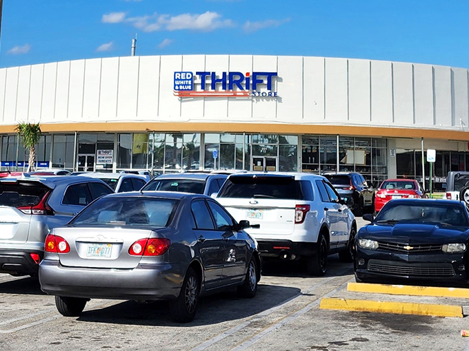 The unassuming exterior of Red White & Blue Thrift Store hides a treasure trove within. Like a poker player with a royal flush, it keeps its best cards hidden.