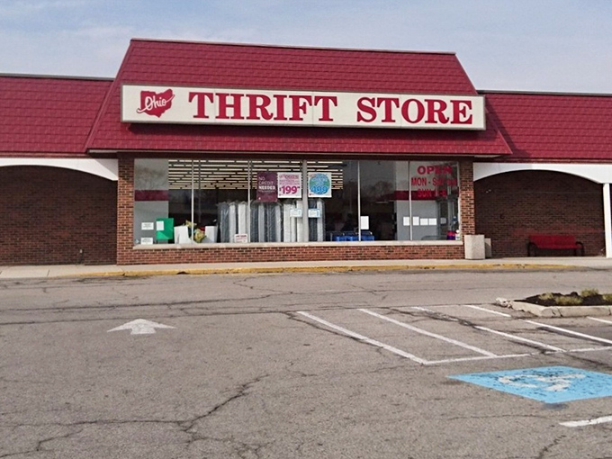 From the parking lot, that bold red sign promises treasure hunting adventures that'll make your wallet breathe a sigh of relief.