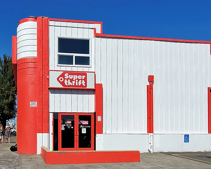 SuperThrift's bold red and white exterior stands like a retro superhero headquarters for bargain hunters in Salem.