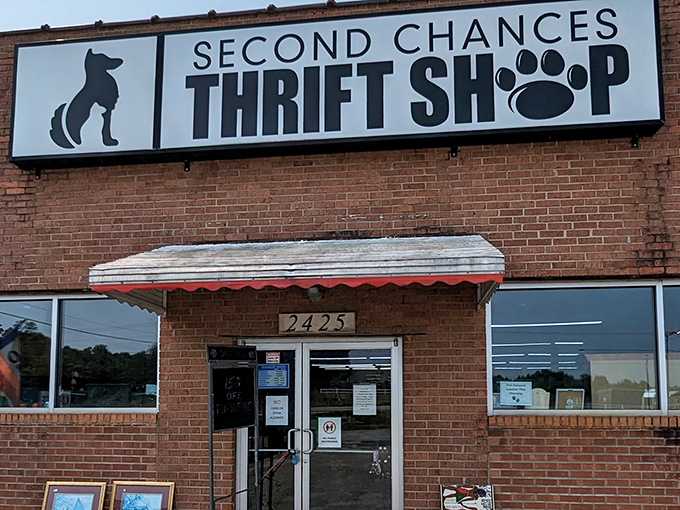 The brick exterior and bold signage make this secondhand shop impossible to miss, promising treasures waiting just inside.