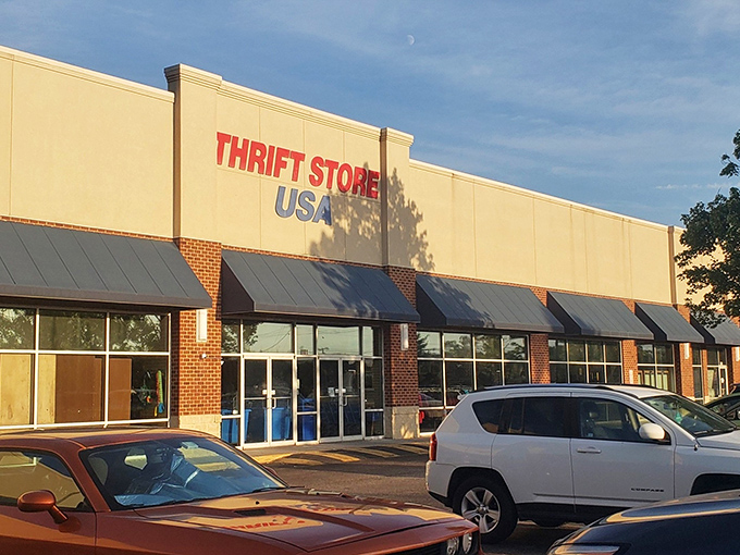The bright facade of Thrift Store USA stands like a beacon for bargain hunters, promising treasures within those brick-trimmed walls.