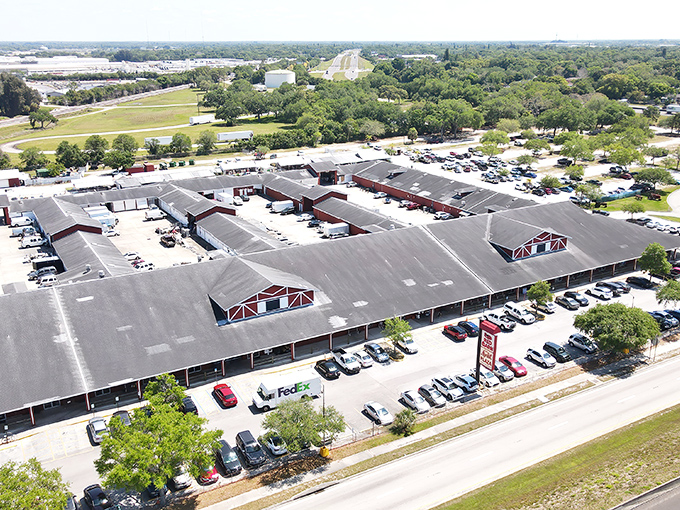 From above, the sprawling Red Barn complex reveals its impressive scale&mdash;a bargain city unto itself in Bradenton's sunny landscape.