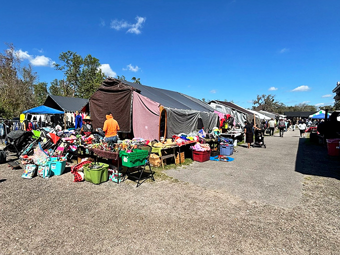 Under a canopy of colorful flags, this outdoor market transforms into a sea of tents and tables where bargain hunters navigate waves of merchandise.
