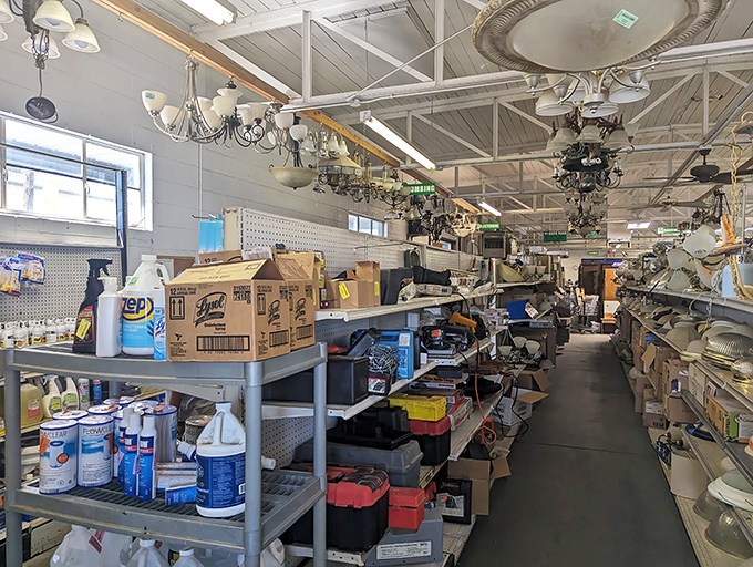 Treasure hunters, rejoice! The lighting section at Visalia ReStore is where chandeliers go for their second act in life's grand production.