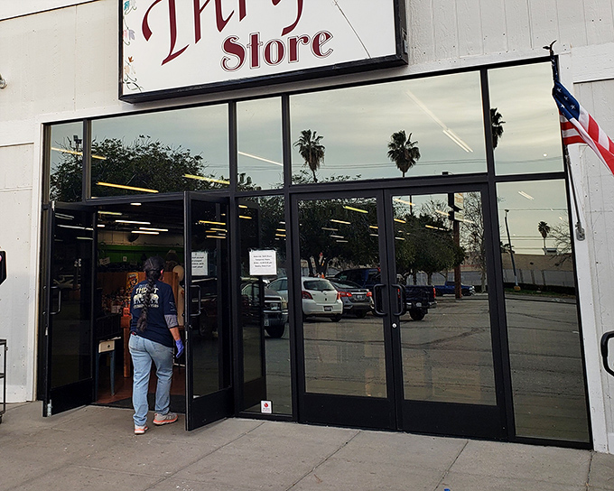 The unassuming entrance to treasure-hunting paradise. Behind these glass doors, bargain adventures await that no online shopping cart could ever replicate.