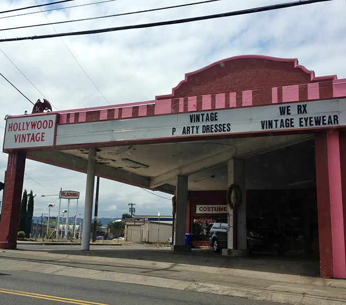 The iconic pink facade of Hollywood Vintage stands like a retro movie marquee, promising treasures within. Portland's time machine awaits!