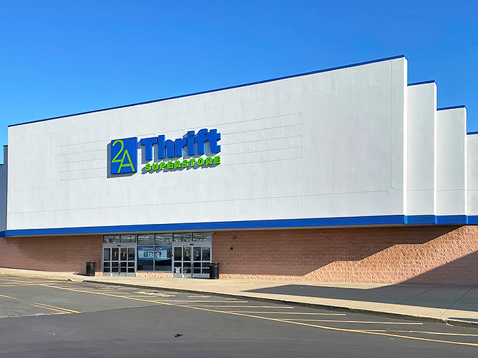The blue and green signage of 2nd Ave Thrift Superstore beckons like a beacon of bargain possibilities against the clear Pennsylvania sky.
