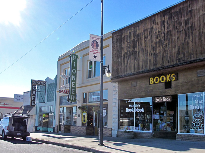 Downtown Susanville showcases its small-town charm with the iconic Pioneer Cafe sign standing tall against the blue sky, while Margie's Book Nook invites curious minds.